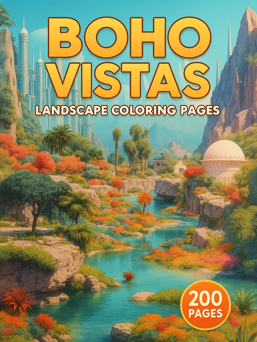 Boho Vistas – 200 Landscape Coloring Pages - Coloring Page Store